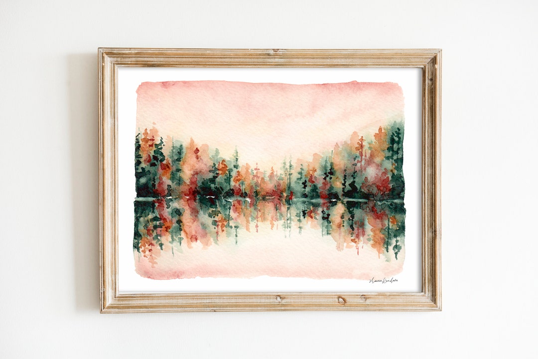 Pink Watercolor Tree Reflection Painting | Tree Wall Art | Forest Art ...