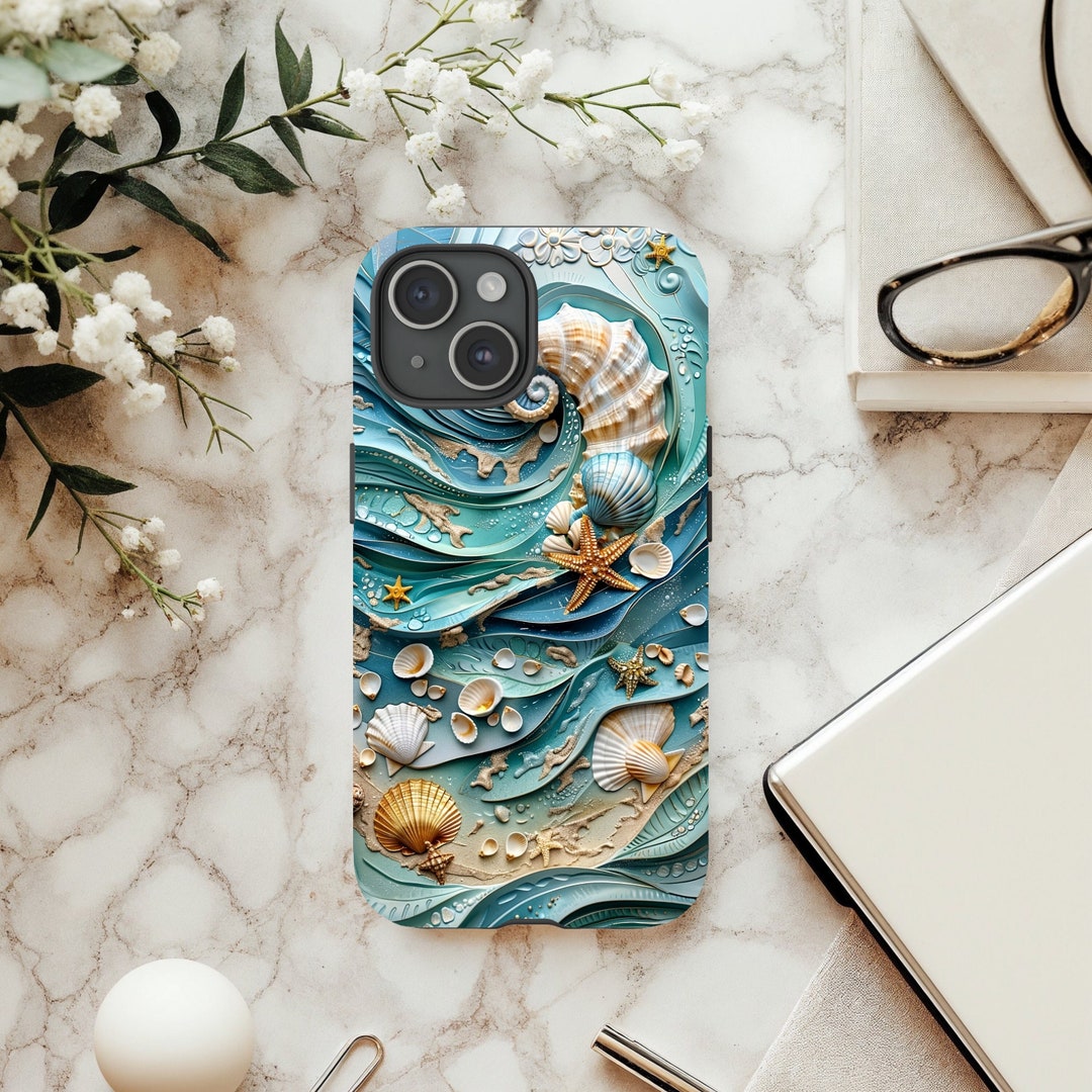 Waves and Seashells iPhone Samsung Google Phone Case, Ocean Scene Phone ...