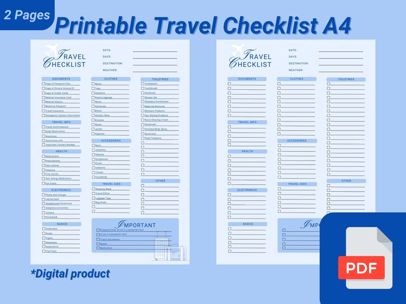 Printable Travel Checklist Instant Download, Vacation Planning ...