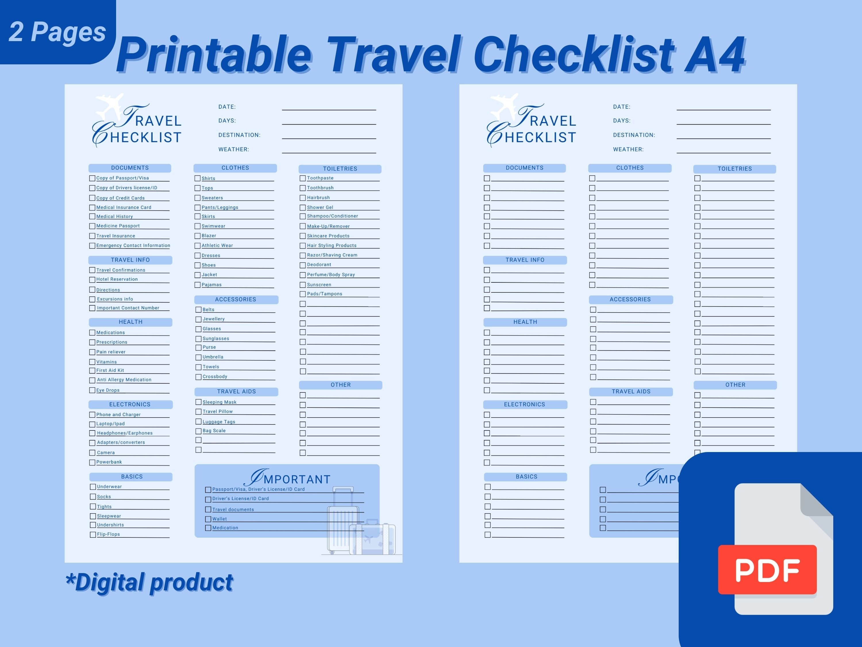 Printable Travel Checklist Instant Download, Vacation Planning ...