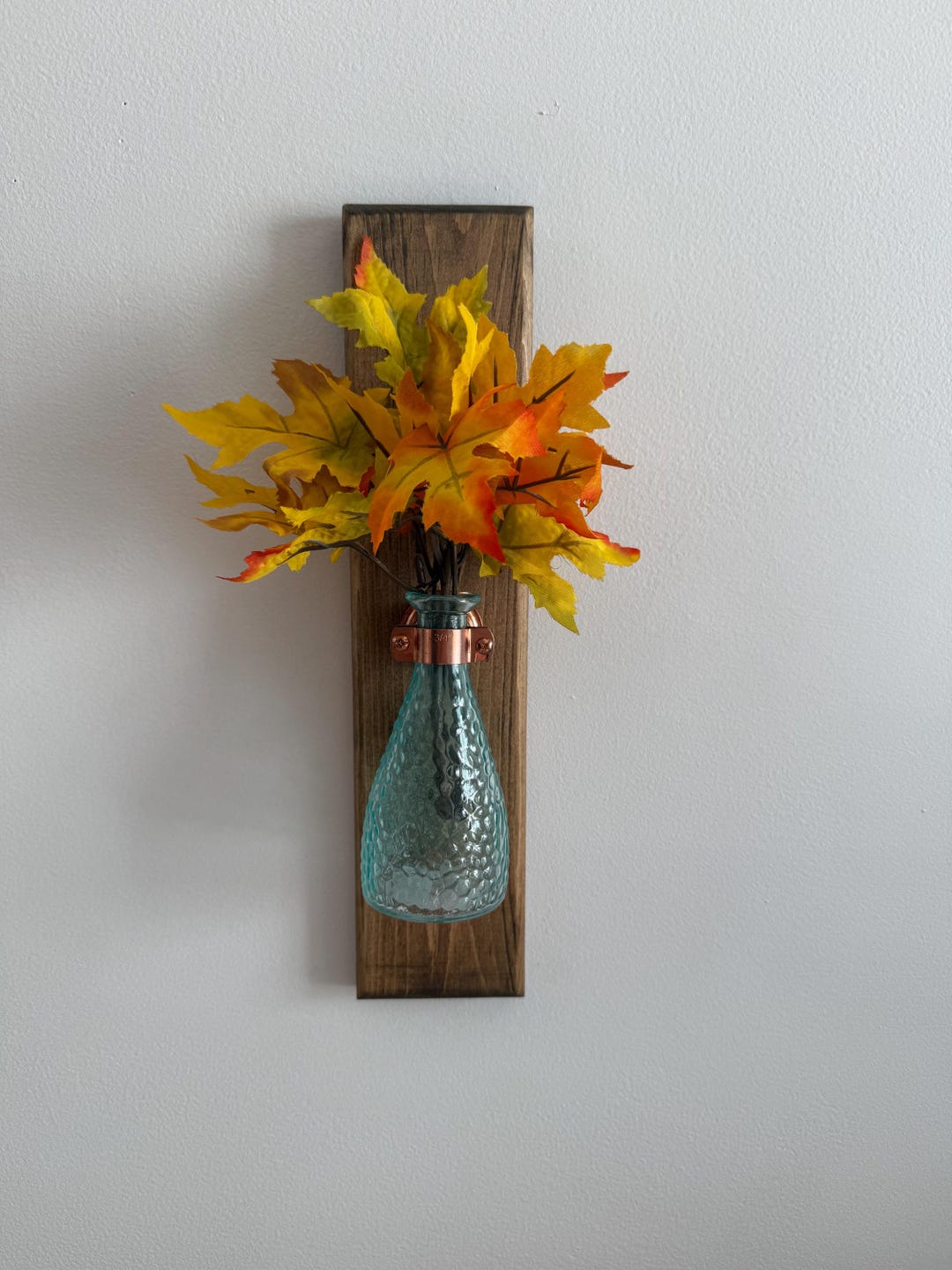 Rustic Wood Wall Hanging Vase | Copper Clamp, Blue Clear Glass Decor - Etsy