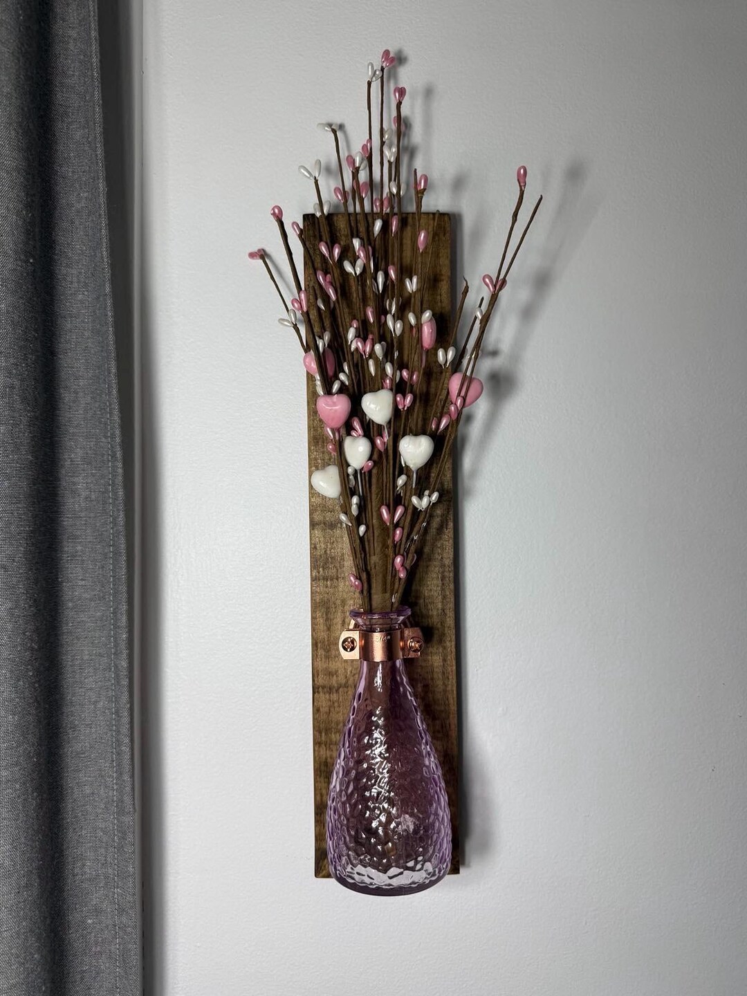 Rustic Wood Wall Purple Vase | Copper Clamp, Purple Glass Holder - Etsy