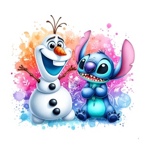 Stitch and Olaf Splash and Watercolor Digital Design PNG File for ...