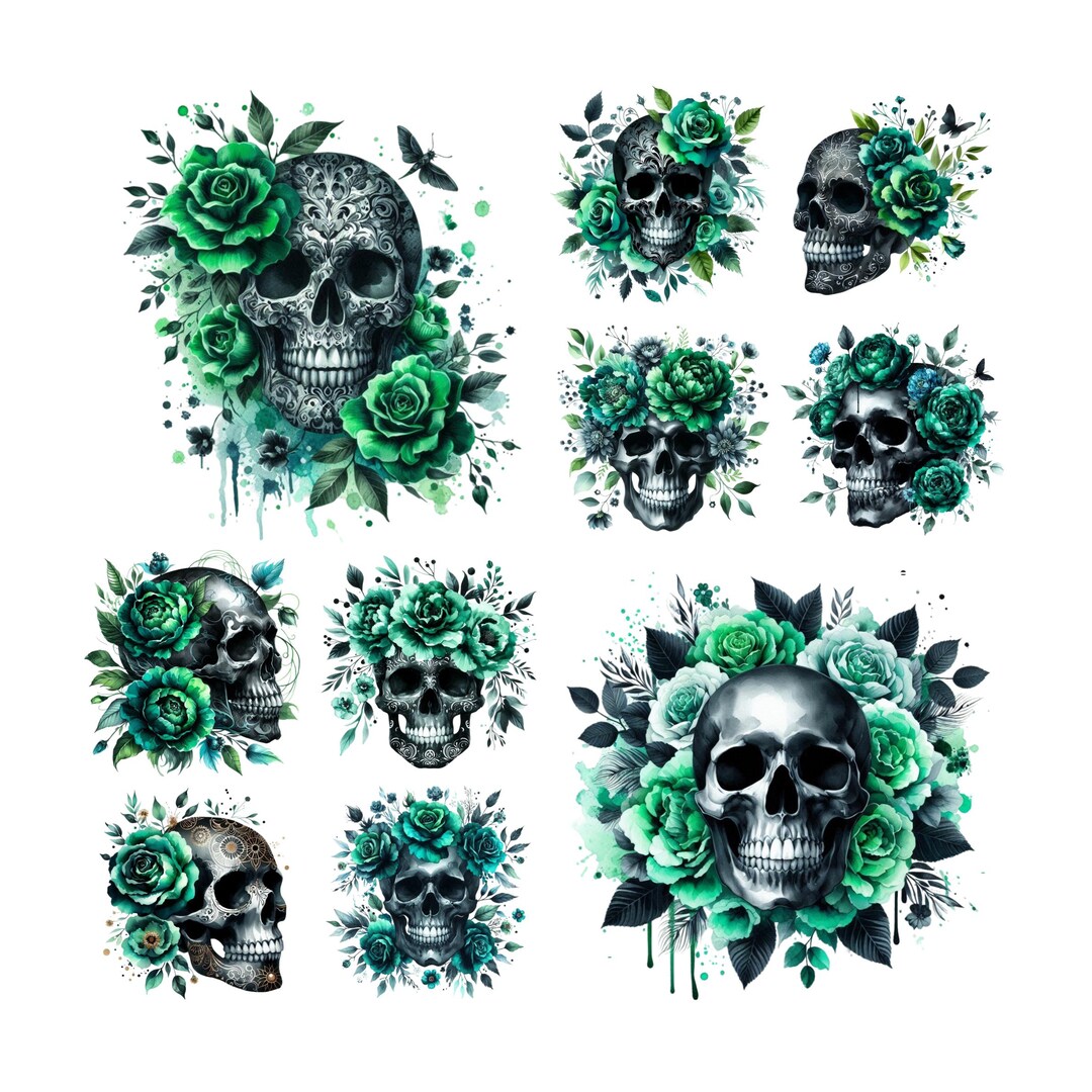 10 Black and Green Floral Skull Png Bundle, Skull Png Designs, Floral ...