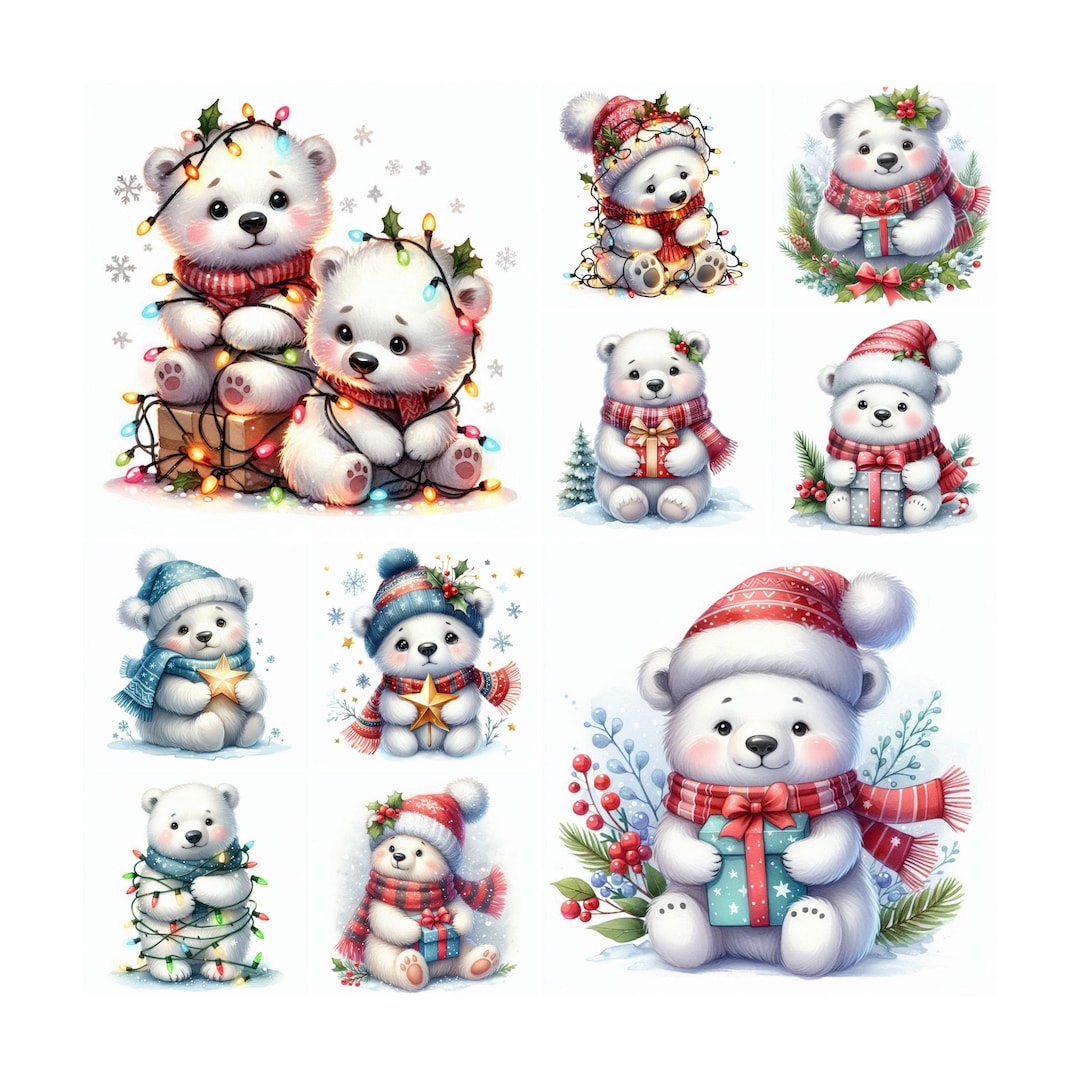 10 PNG, Christmas Polar Bear Clipart Bundle, Polar Bear Clip Art, Cute ...