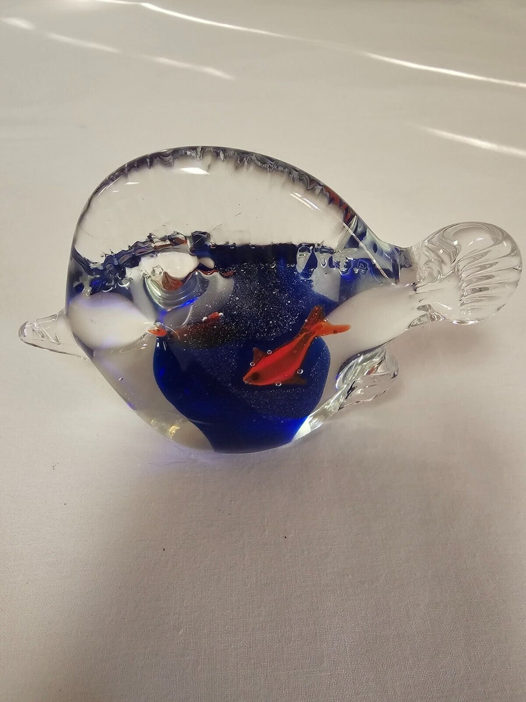 Art Glass Fish Paperweight Blue Core With 2 Red Fish And Bubbles Inside