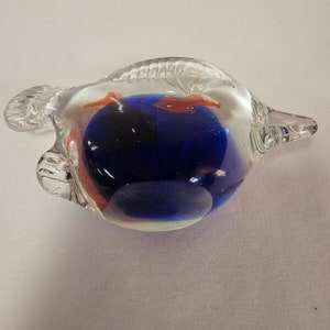 Art Glass Fish Paperweight Blue Core With 2 Red Fish and Bubbles Inside ...