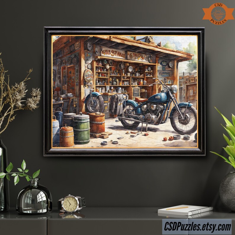 Motorcycle Service Station Jigsaw Puzzle, Motorcycle Lovers Gift, Retro ...