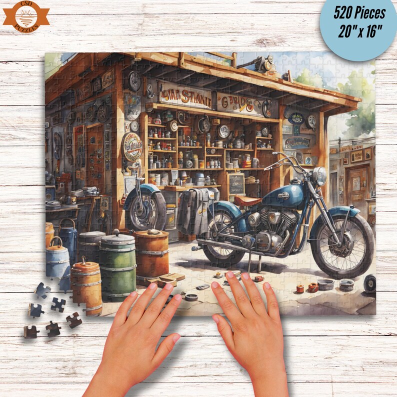 Motorcycle Service Station Jigsaw Puzzle, Motorcycle Lovers Gift, Retro ...