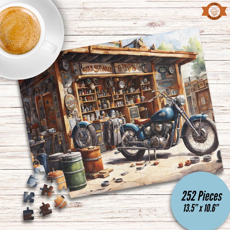 Motorcycle Service Station Jigsaw Puzzle, Motorcycle Lovers Gift, Retro ...