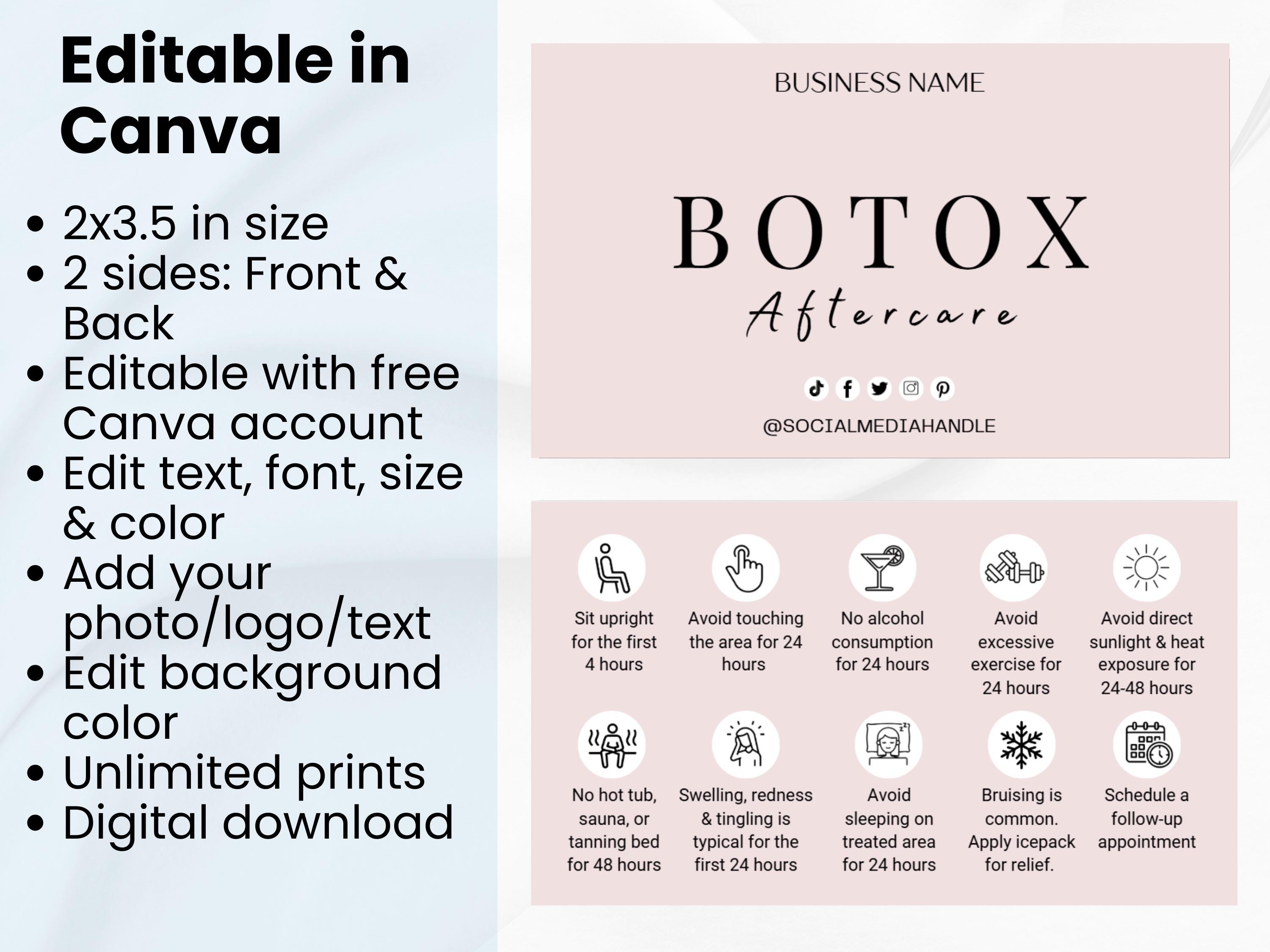 Botox Aftercare Template Editable Botox Business Aftercare Card, Botox ...