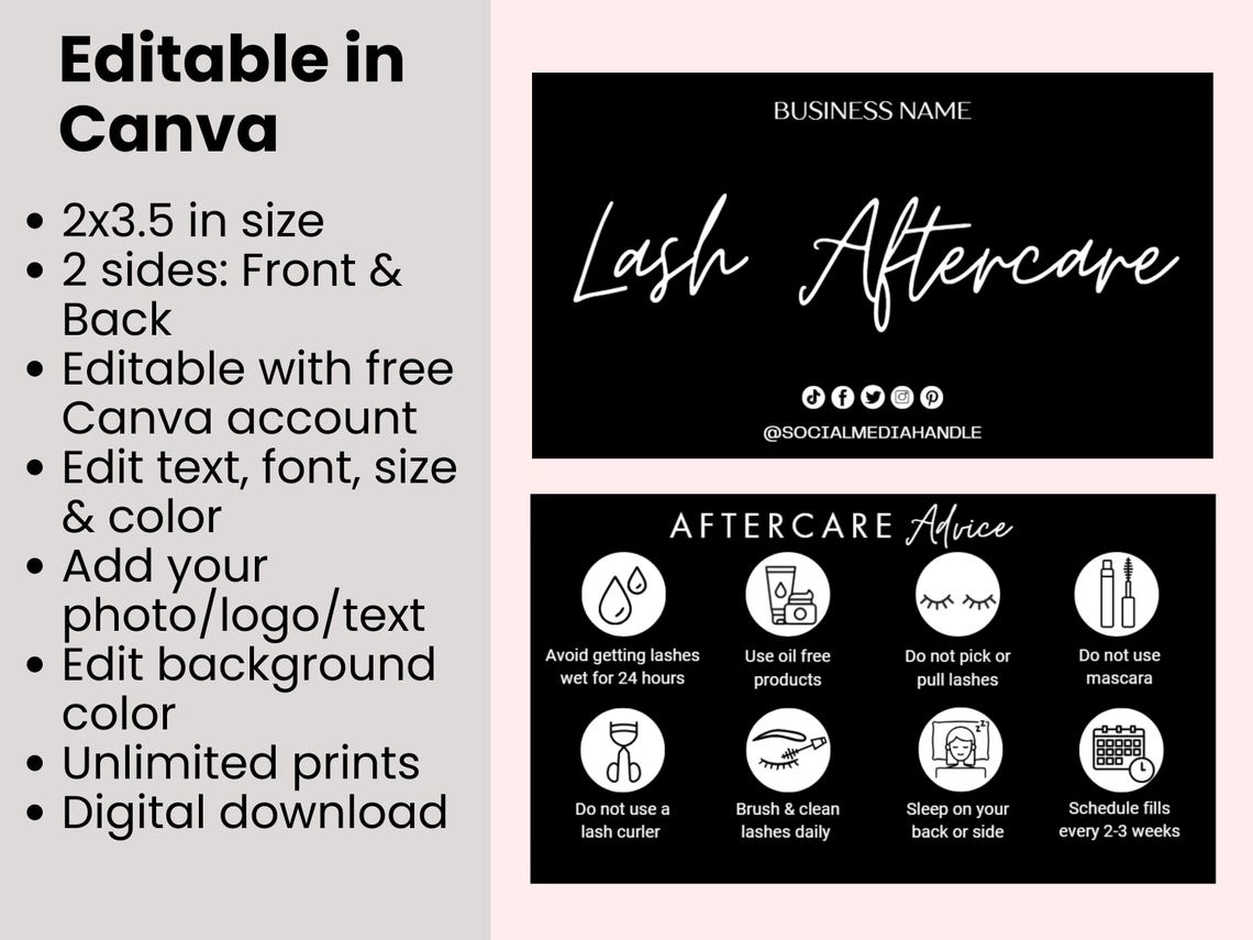 Lash Aftercare Template Editable Lash Extension Business Aftercare Card ...
