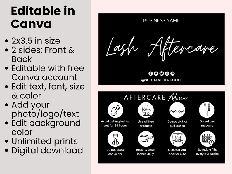 Lash Aftercare Template Editable Lash Extension Business Aftercare Card ...