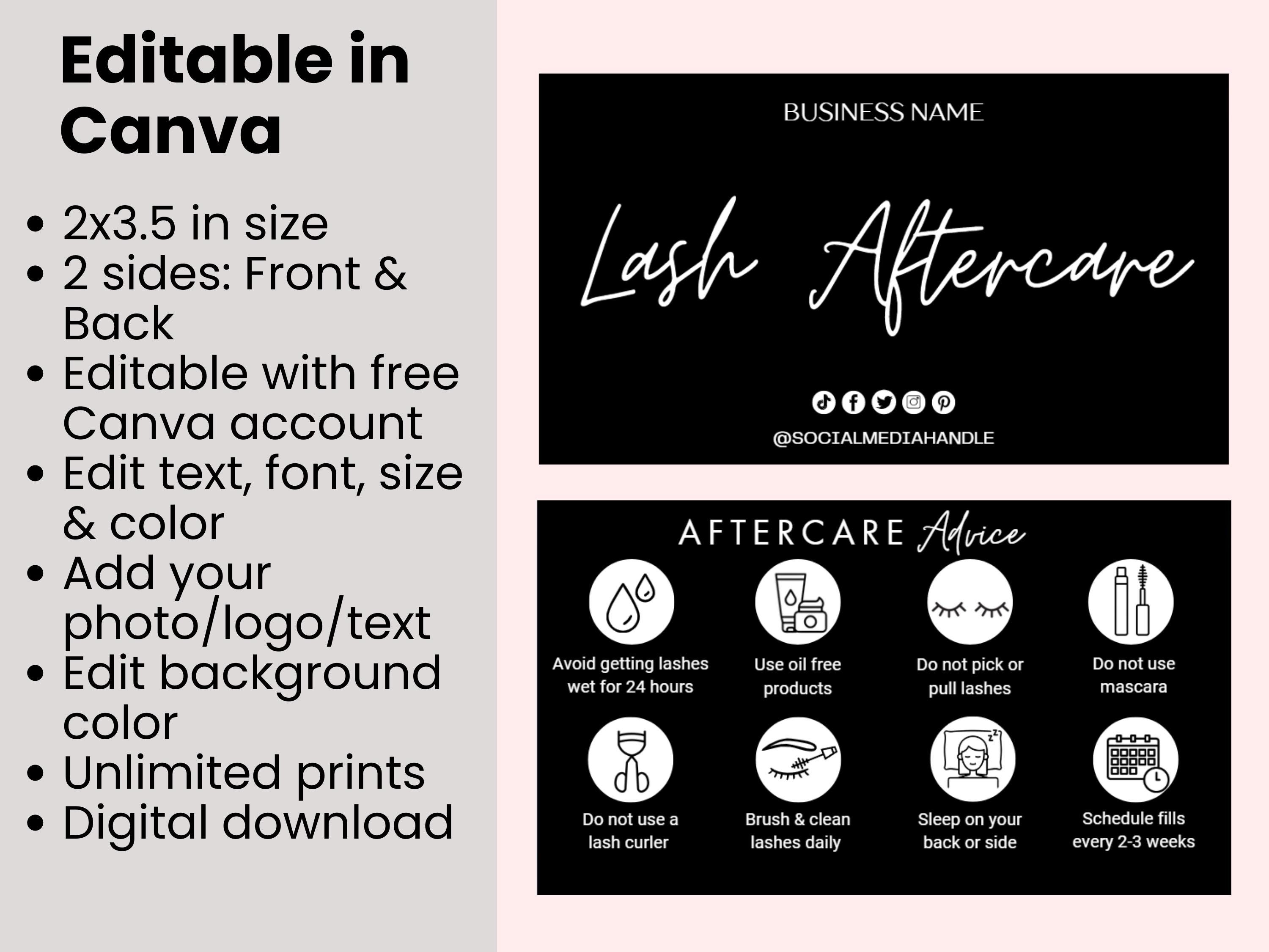 Lash Aftercare Template Editable Lash Extension Business Aftercare Card ...