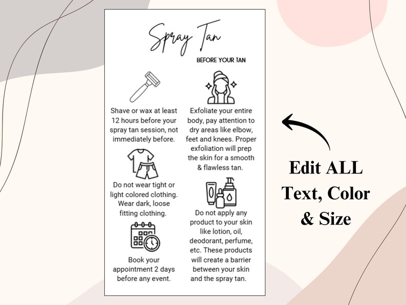 Spray Tanning Aftercare Card Template, Pre-care and Post-care Spray Tan ...