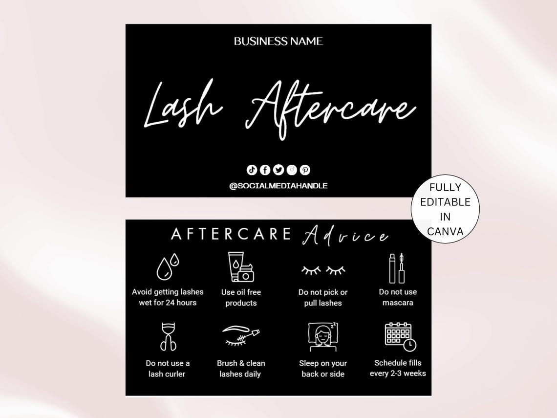 Lash Aftercare Template Editable Lash Extension Business Aftercare Card ...