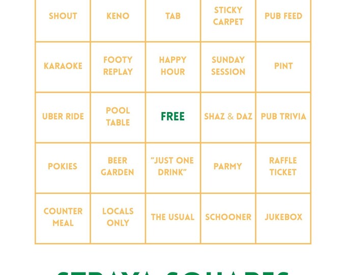 Pub Bingo – Printable Party Game | Instant Download | Straya Squares - Etsy
