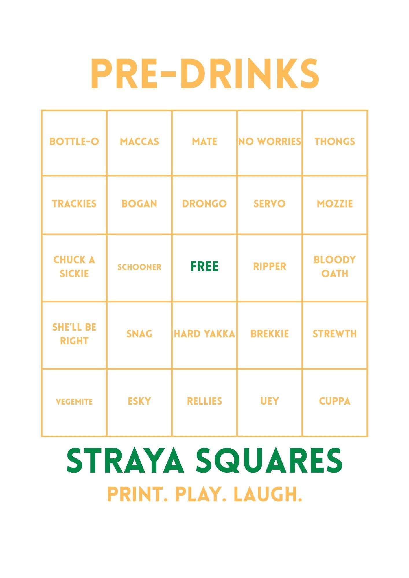 Pre-drinks Games – Printable Party Game | Instant Download | Straya ...