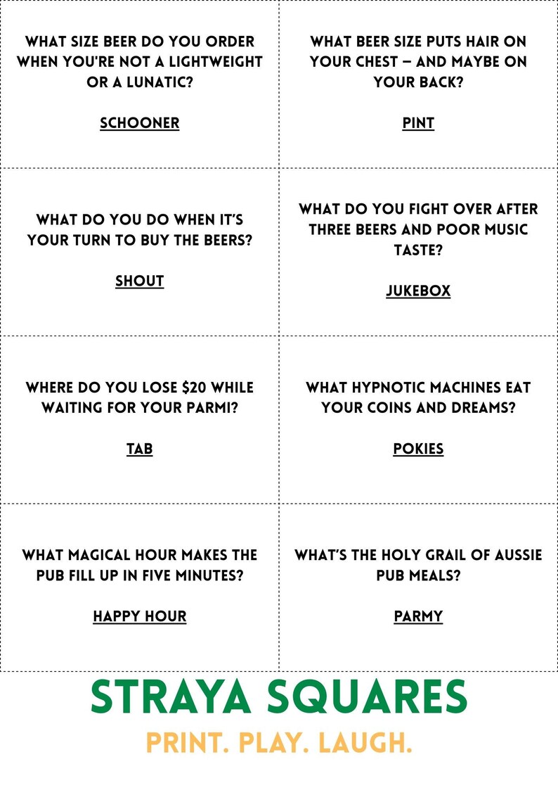 Pub Bingo – Printable Party Game | Instant Download | Straya Squares - Etsy
