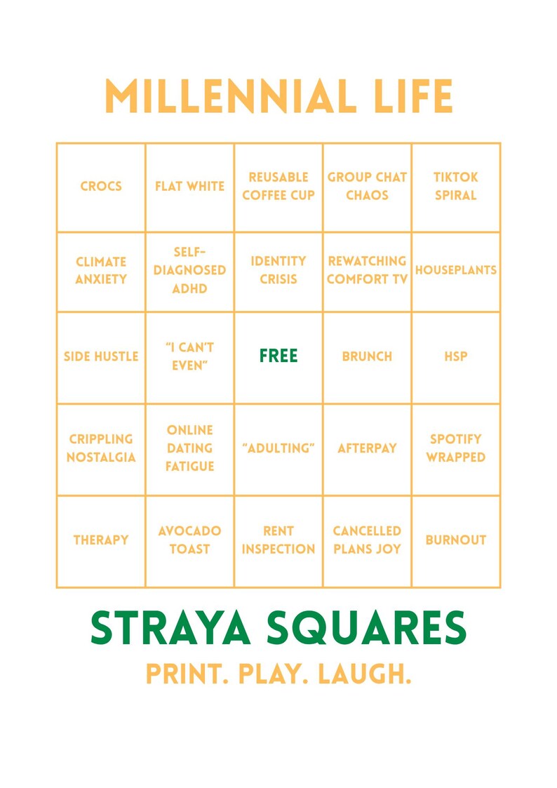 Millennial Life Bingo – Printable Party Game | Instant Download ...