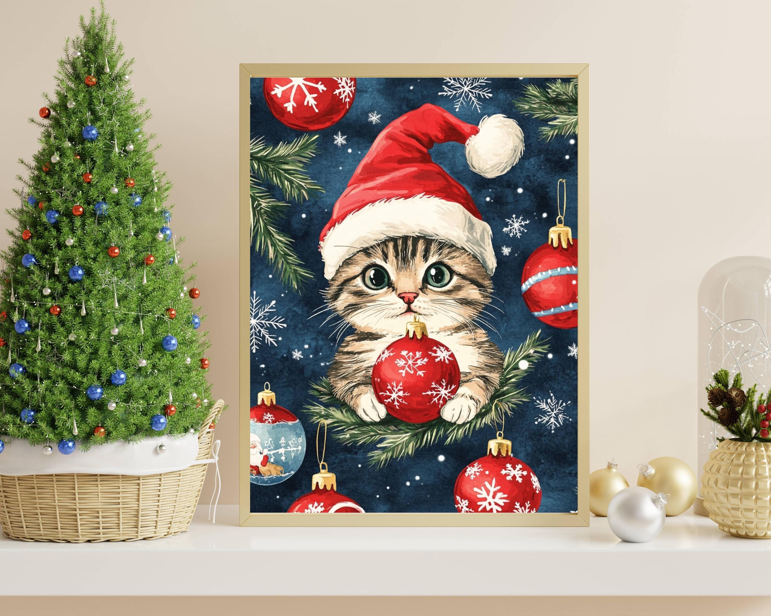 Grey Cat Christmas, Cat Christmas Art Print, Cat Holiday Print ...