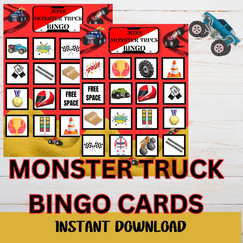 Monster Truck Bingo Cards, Printable Bingo Card, Unique Bingo Card ...