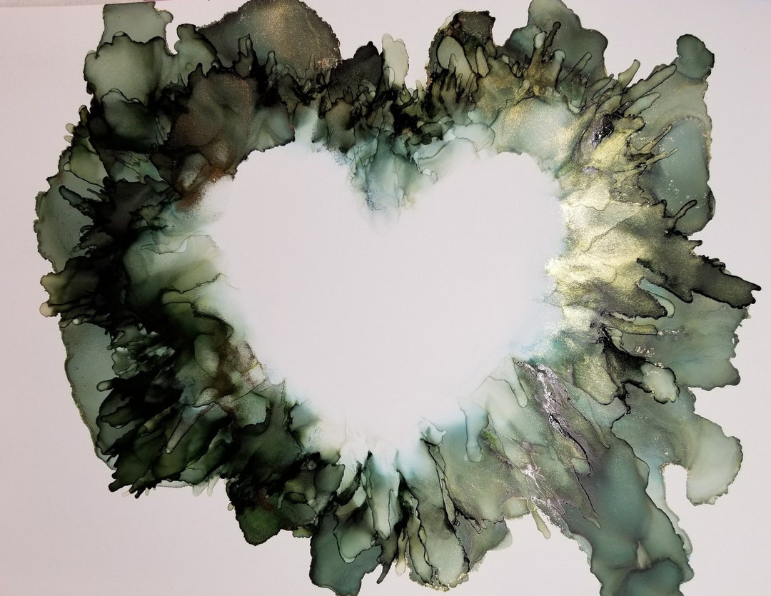 Alcohol Ink Wall Art, Original Alcohol Ink, Green Heart Art Painting ...