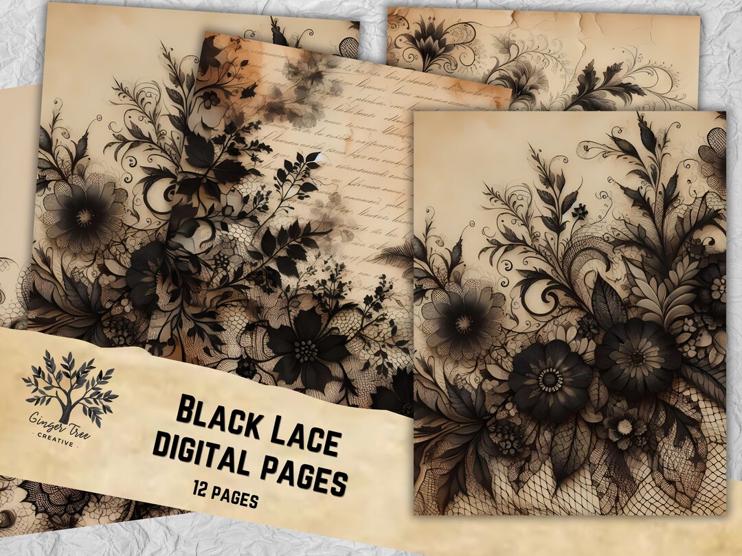 Black Lace Digital Paper Set, Junk Journaling Pages, Goth Stationery ...