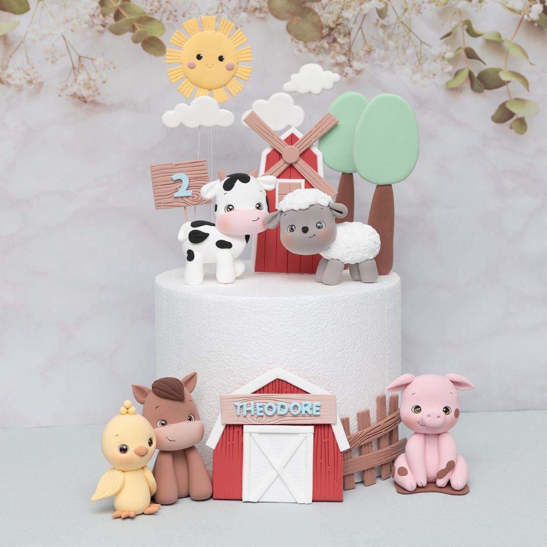 Farm Animal Cake Topper, Cow, Sheep, Horse, Chicken, Pig, Barn ...
