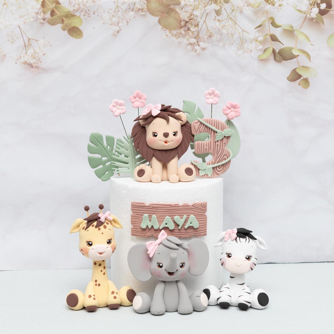Safari Animal Cake Topper, Lion, Giraffe, Elephant, Zebra, Monkey Cake ...