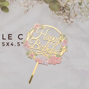 Floral Acrylic Cake Toppers, Flower Happy Birthday Cake Decoration ...