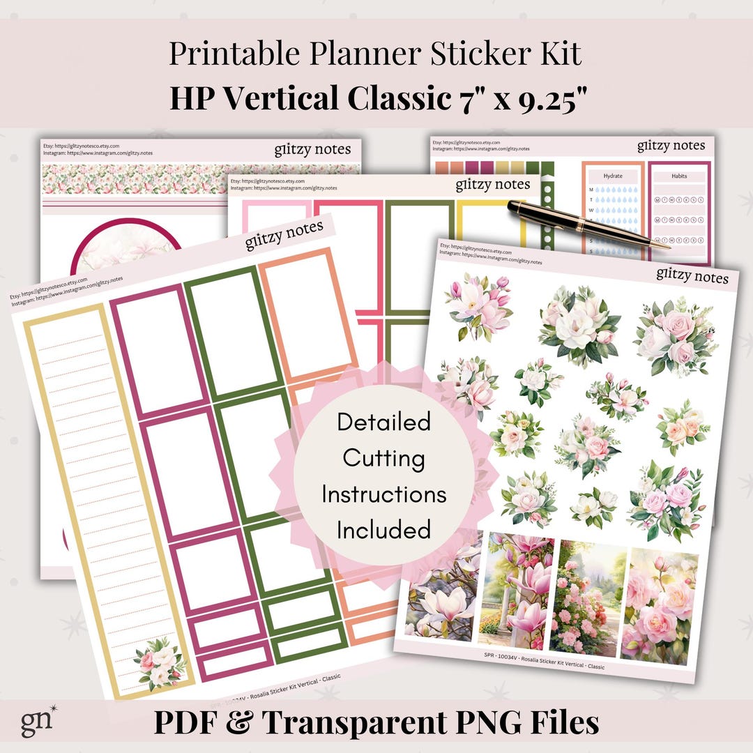 Rosalia Floral Planner Stickers: HP Classic Vertical Layout (PDF & PNG ...