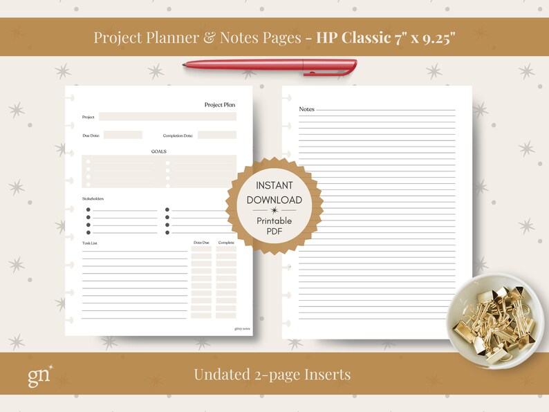 Printable Project Planner and Notes Pages Insert HP Classic 7"x9.25 ...
