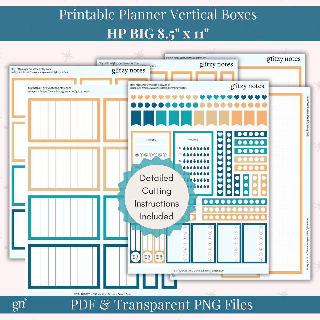 Beach Bum Planner Stickers: HP BIG Vertical Layout (printable Digital ...