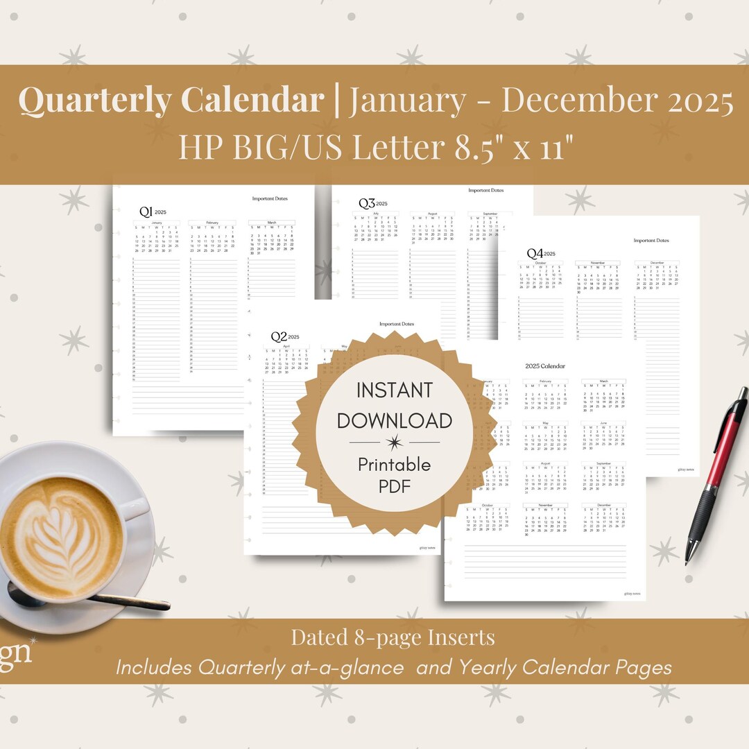 Printable Inserts 2025 Quarterly At-a-glance + Yearly Calendar Pages HP ...