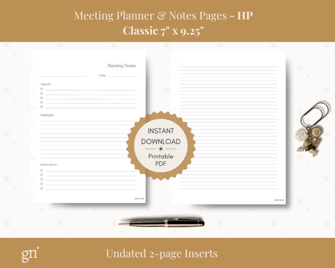 Printable Meeting Planner and Notes Pages Insert HP Classic 7" X 9.25 ...