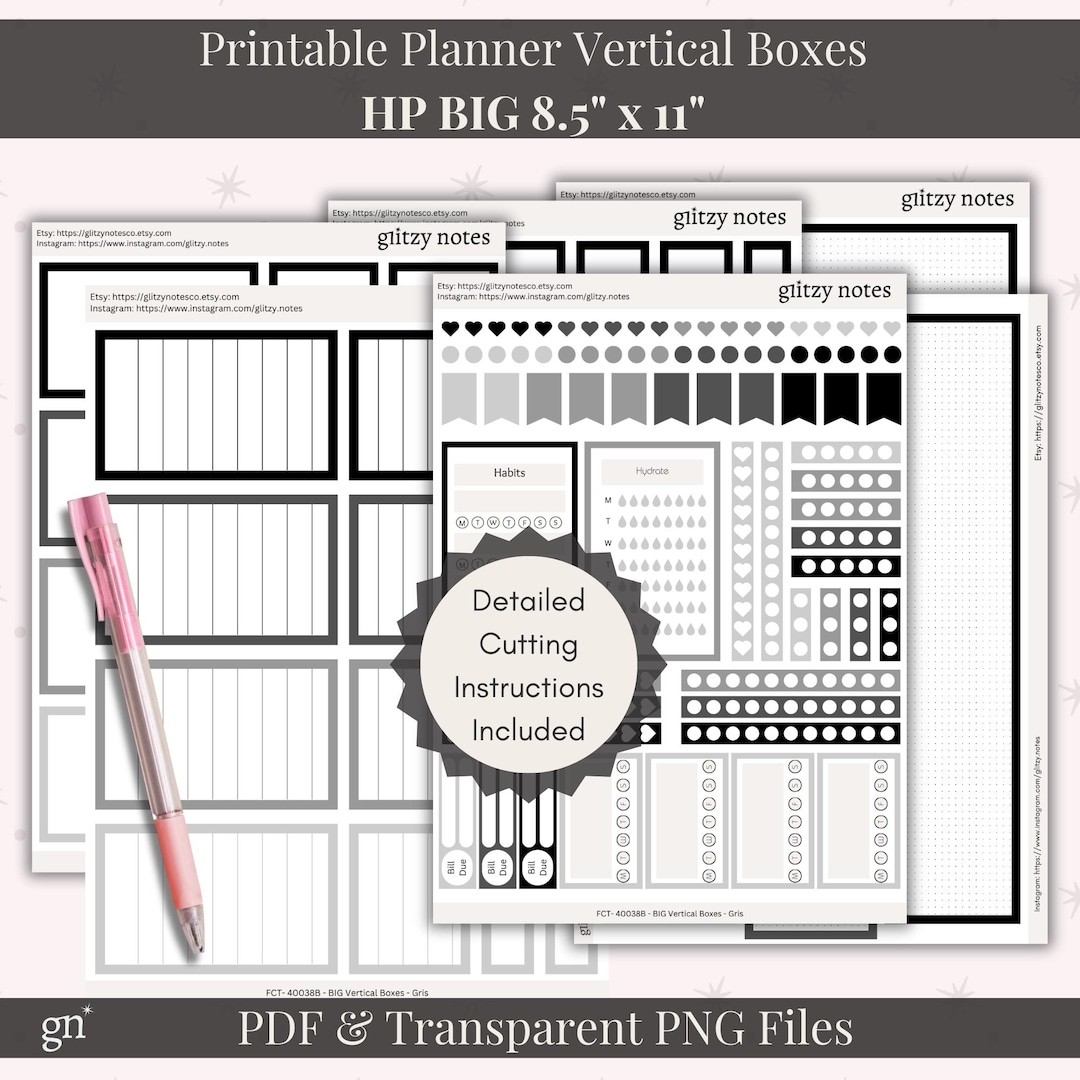 Happy Planner BIG Stickers: Gray Monochrome Boxes (printable PDF & PNG ...
