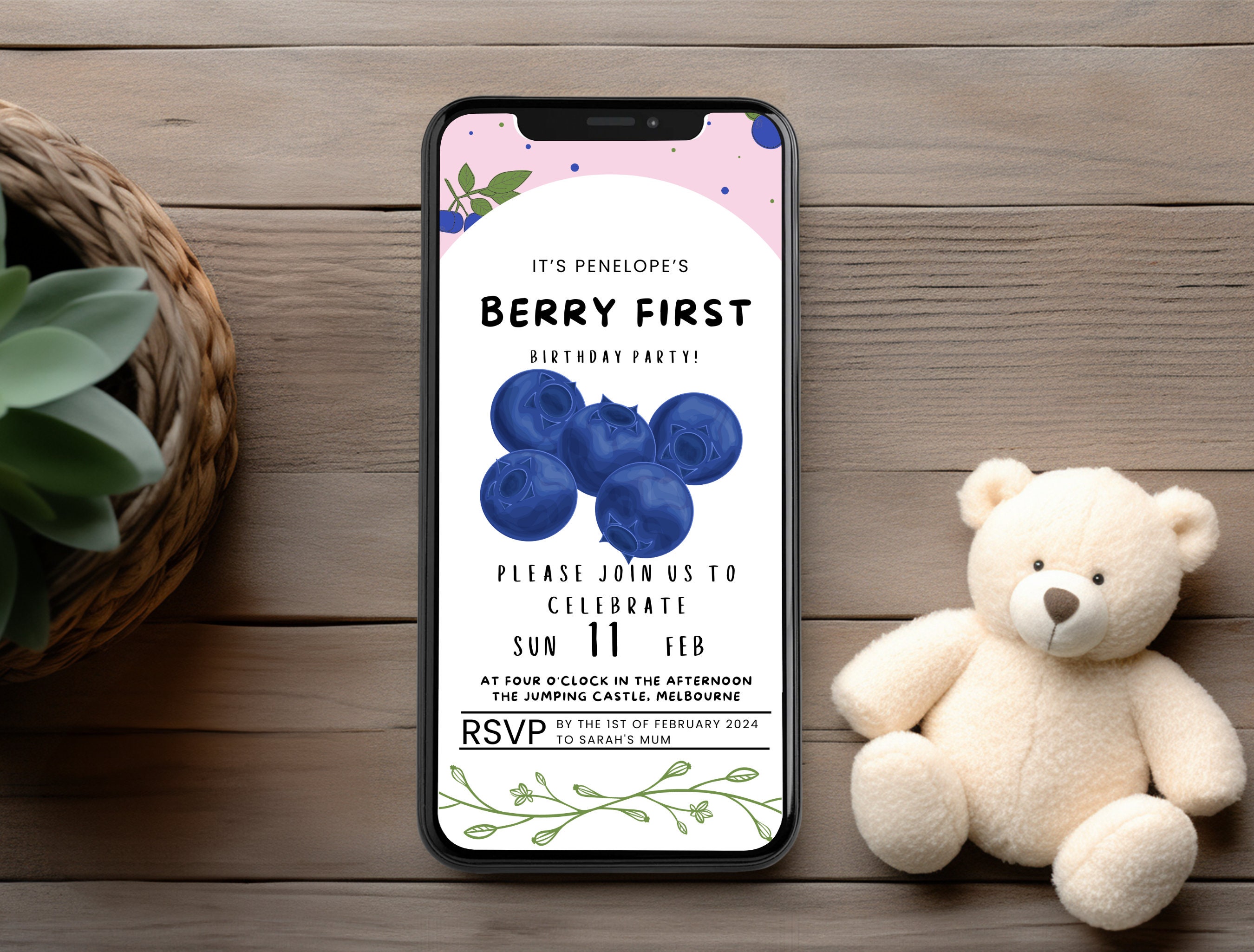 Editable Blueberry First Birthday Invitation Berry Sweet Birthday Party ...