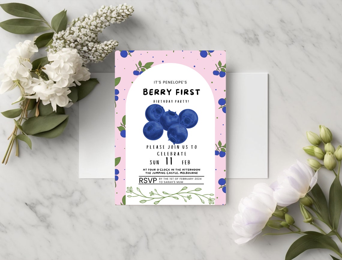 Editable Blueberry First Birthday Invitation Berry Sweet Birthday Party ...