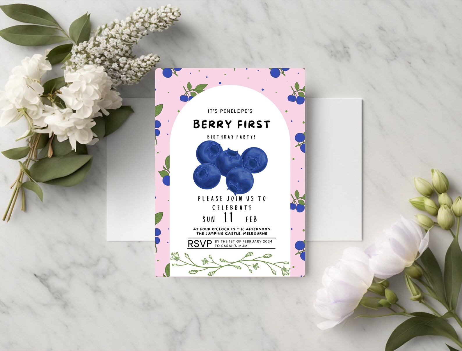 Editable Blueberry First Birthday Invitation Berry Sweet Birthday Party ...
