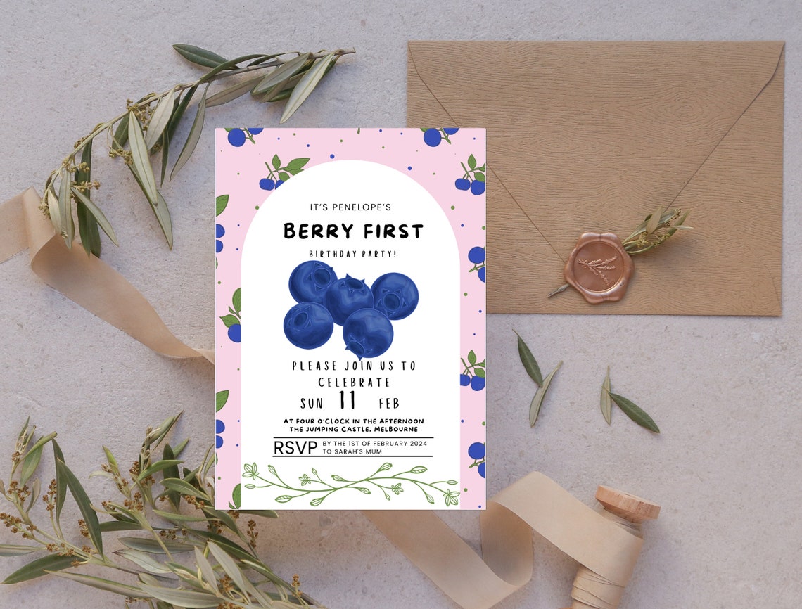 Editable Blueberry First Birthday Invitation Berry Sweet Birthday Party ...