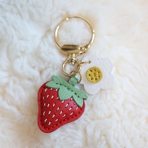 Handcrafted Leather Strawberry and Flower Key Fob, Cute Leather Bag ...