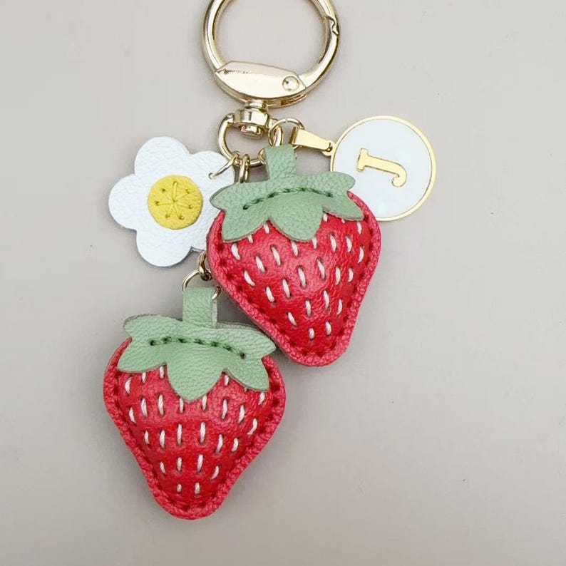 Handcrafted Leather Strawberry and Flower Key Fob, Cute Leather Bag ...