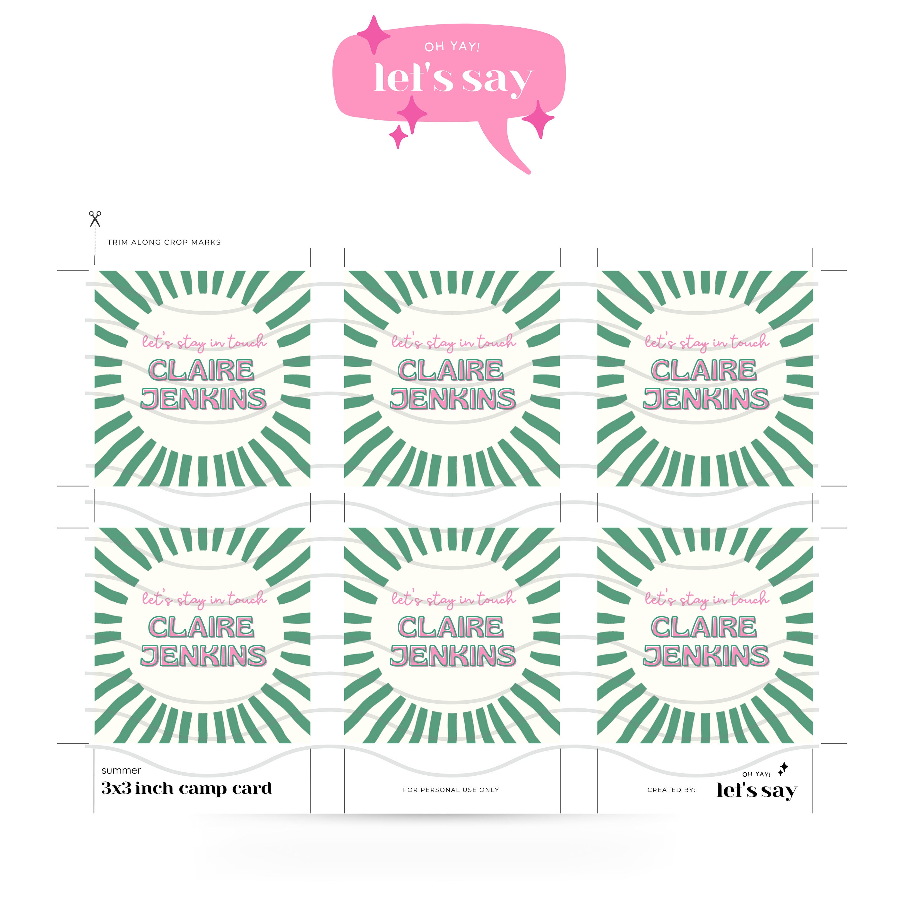 Printable Summer Camp Calling Card, Girls Contact Card, Personalized ...