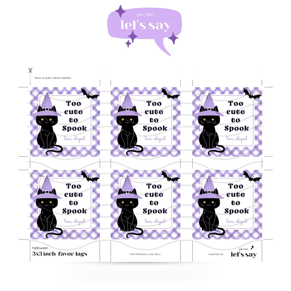 Printable Too Cute to Spook Halloween Favor Tag, Black Cat Halloween ...
