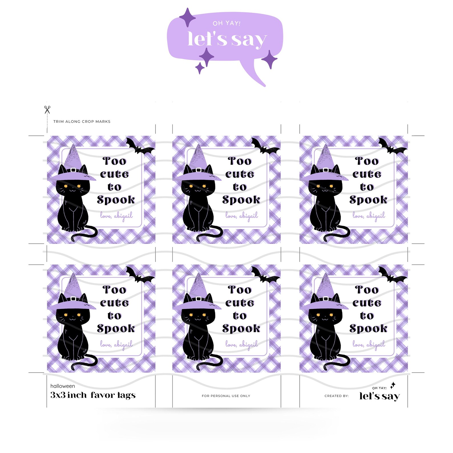 Printable Too Cute to Spook Halloween Favor Tag, Black Cat Halloween ...