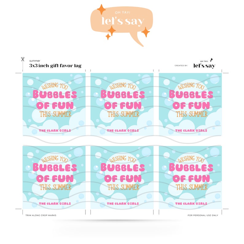 Printable Summer Bubbles End of School Class Favor Tag, Bubbles of Fun ...