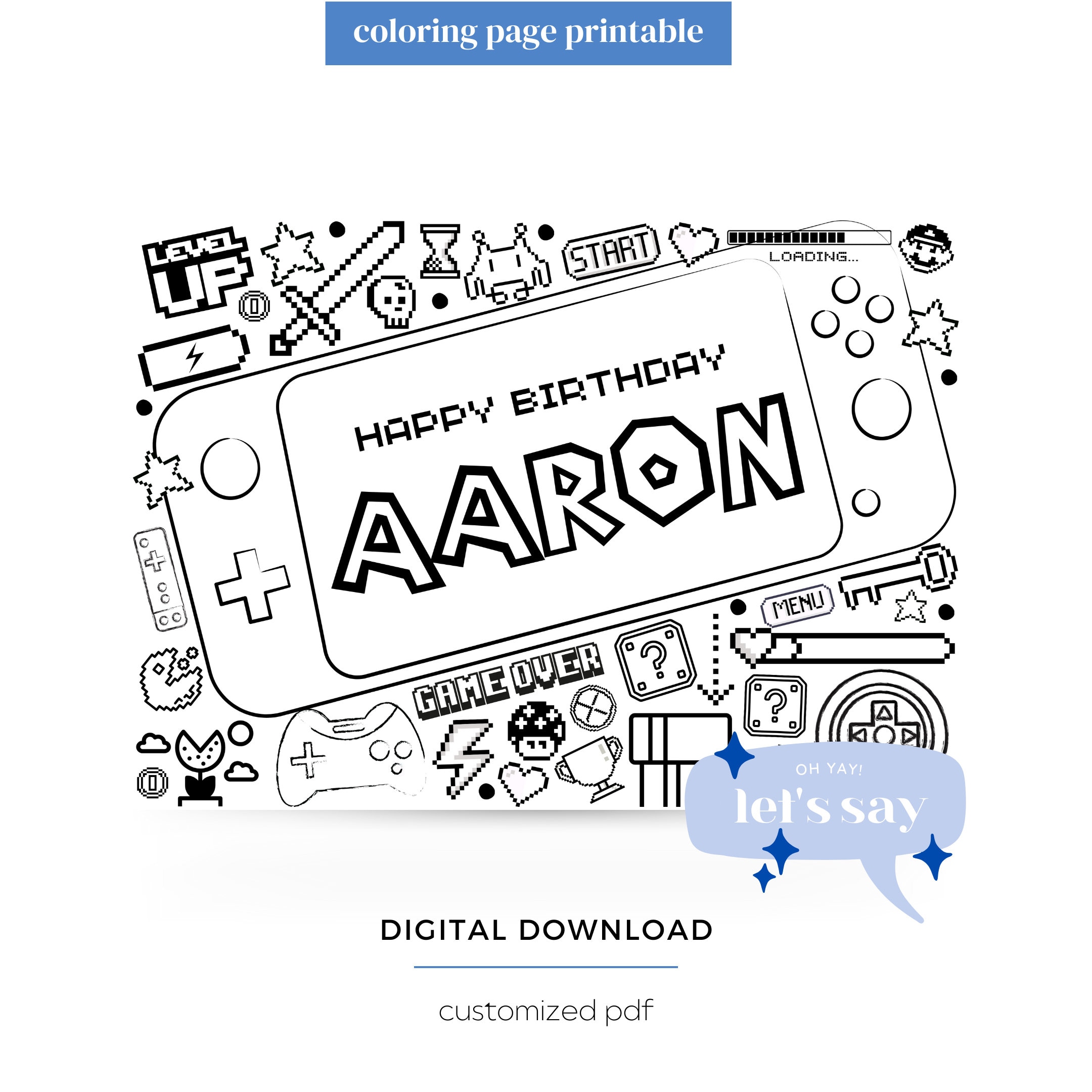 Printable Kids Coloring Sheet - Video Game Theme - Children’s Custom ...