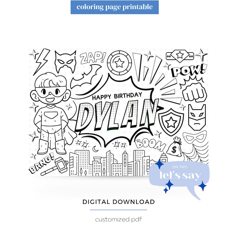 Printable Kids Coloring Sheet - Superhero Theme - Children’s Custom ...