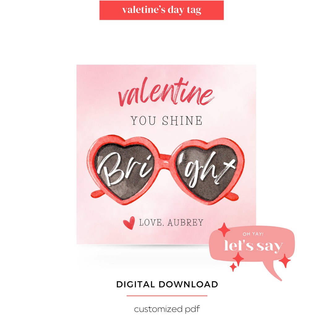 Printable Valentine Bright Sunglasses Tag, Valentines Day Sunglasses ...
